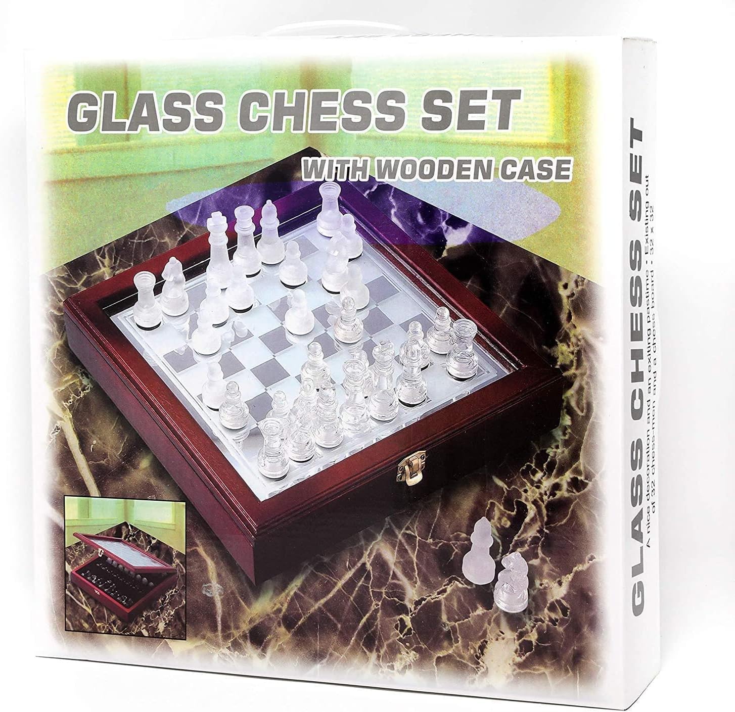 Glass Chess Set with Wooden Case: Glass Board Embedded in Wooden Case ...